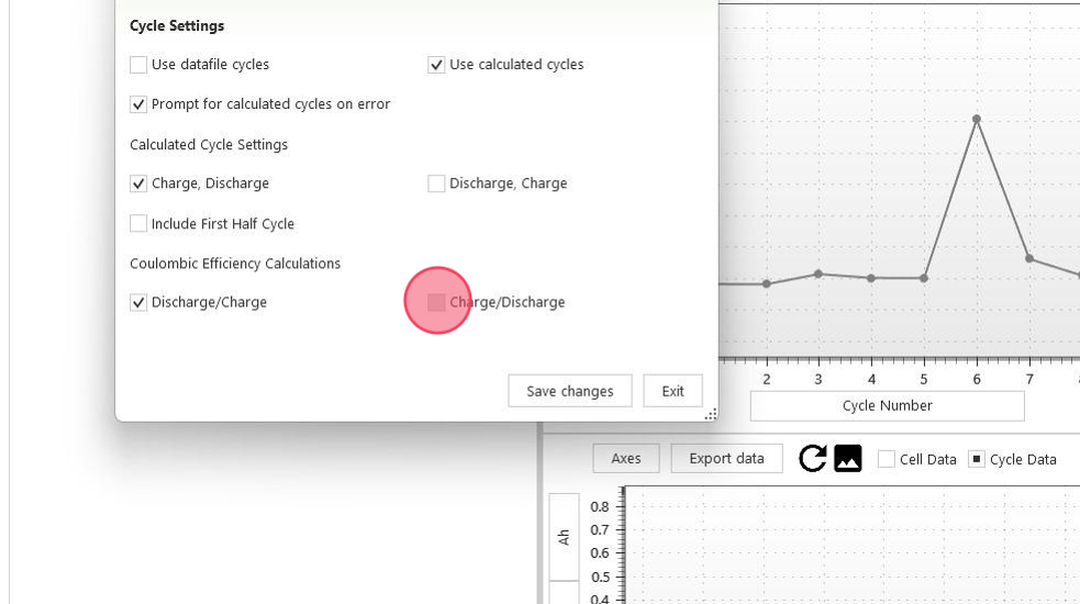How to adjust Cycle Settings for Anode Half Cells CE Data in UHPC Plot